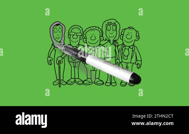 Draw group of five people men and women include blind man standing ...