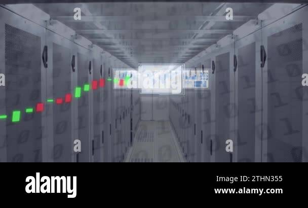 Animation of graph over infographic interfaces in digital tablets against server room. Digital ...