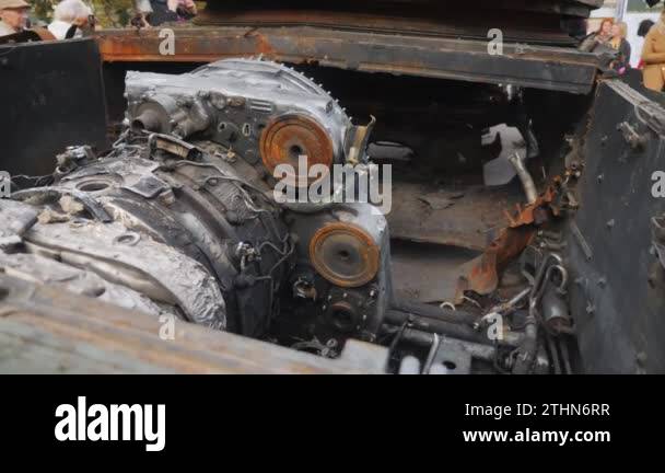 Engine of a destroyed Russian tank, exhibition of destroyed Russian ...