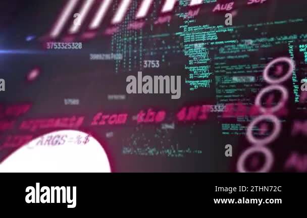 Animation of changing numbers and statistical data processing against black background. Computer ...