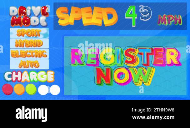 Cartoon Car Dashboard with Register Now Text. Digital Graphical User ...