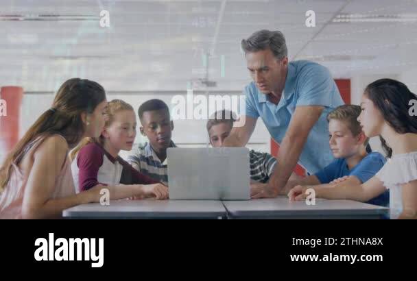Animation of male teacher teaching multiracial students with laptop over infographic interface ...