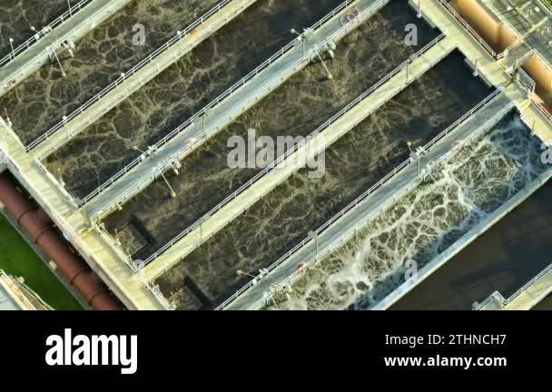 Aerial view of modern water cleaning facility at urban wastewater ...