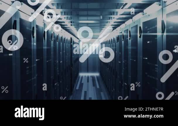 Animation Of Percentile Symbols And Falling Bars Against Server Room In Background Digital 