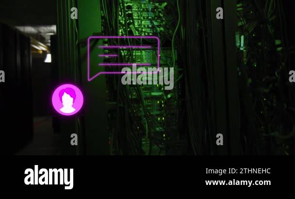 Animation of profile and message icon over back panel of data server ...