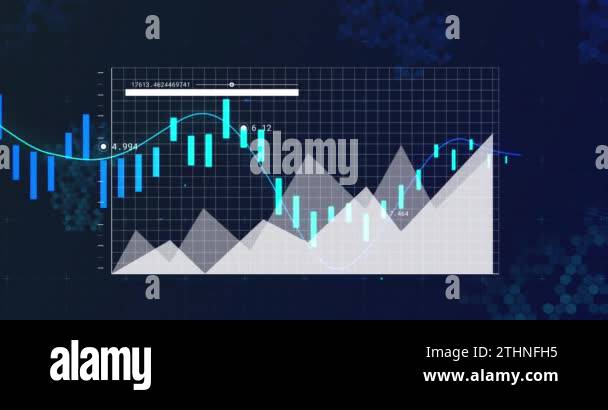Animation of statistical data processing over hexagonal shapes against blue background. Computer ...