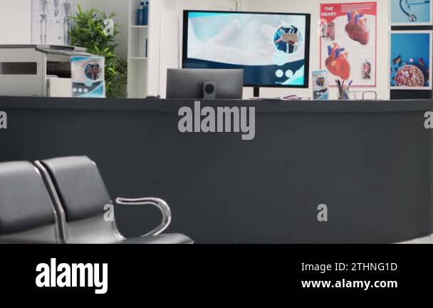 Empty reception counter at health clinic, hospital waiting area for ...