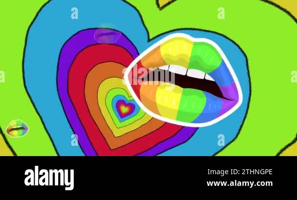 Animation of rainbow lips over rainbow hearts background. Pride month ...