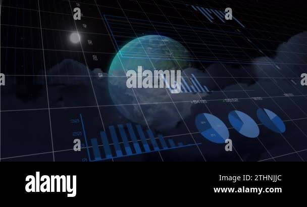 Animation of graphs, changing numbers over dense clouds against moon ...