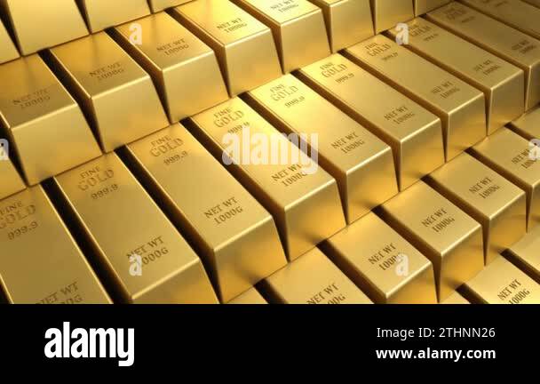 3d render animation of bullion or Gold bars in the bank vault in slow ...