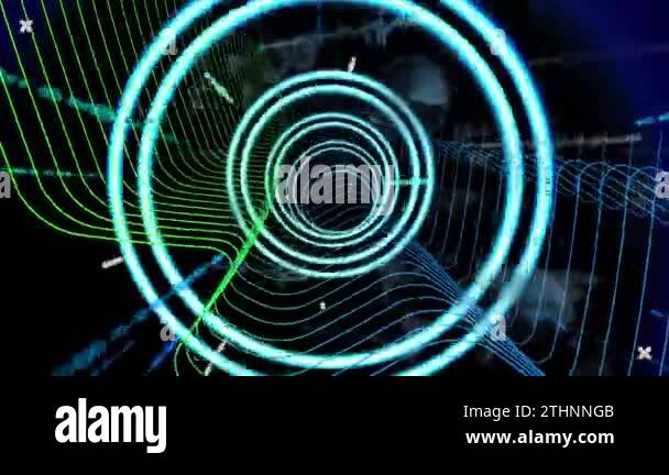 Animation of circles zooming with light beams, 3d wire mesh, network ...