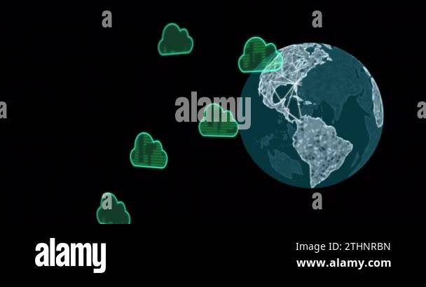 Animation of cloud icons and data processing over globe. Global connections, digital interface ...