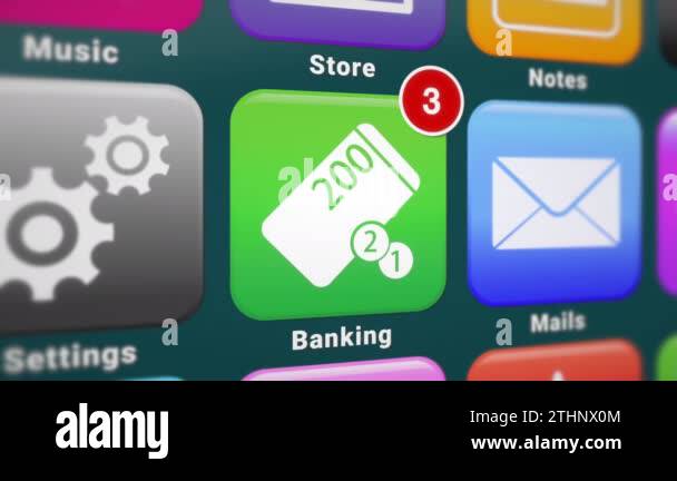 Video animation of a smartphone screen. In focus a banking app with ...
