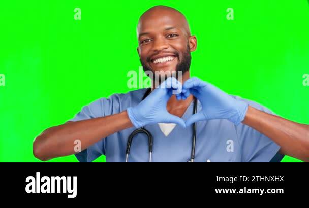 Heart sign, green screen surgeon or happy man with love gesture for ...