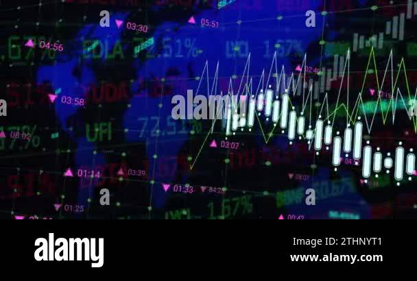 Animation of multiple graphs and numbers over stock market data and map ...