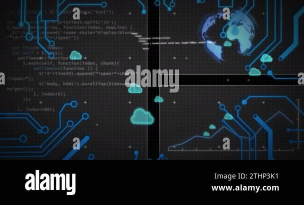 Animation of cloud icons and data processing over globe and screens. Global connections, digital ...