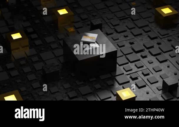 Futuristic 3D animation of an array of cubes and tiles with a central ...