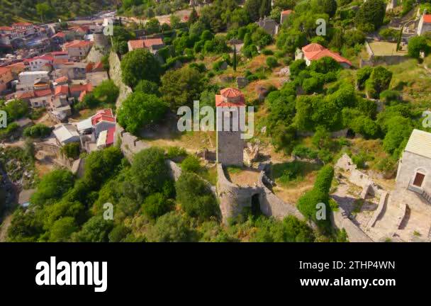 The drone footage captures the stunning ruins of Stari Bar, with stone ...