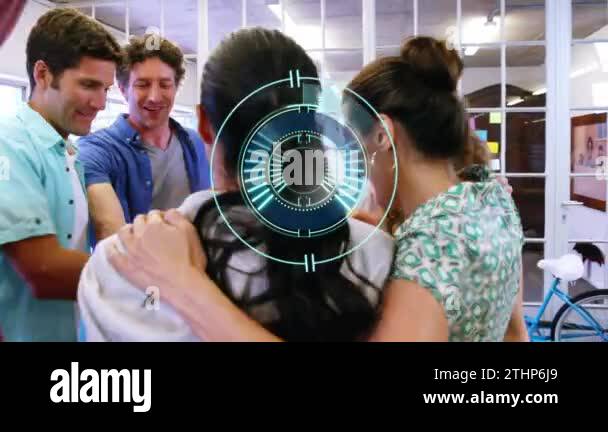 Animation of red circles over clown and clapping doctors having fun at party. Global ...