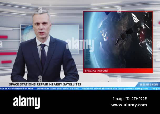 Male TV presenter in special live report commenting breaking news on TV ...