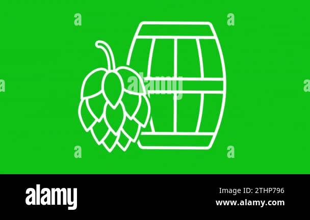 Animated cask, hop white line icon. Beer manufacturing. Brewery and pub ...