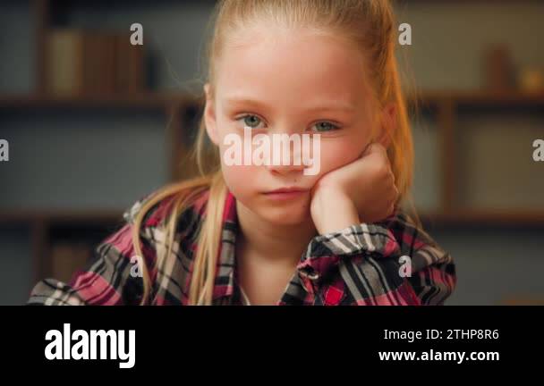 Close up portrait little offended child sad upset bored preschool girl ...