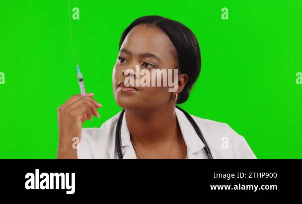 Black woman, doctor and vaccine, needle on green screen and injection ...