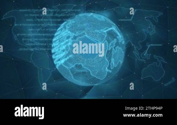 Animation of globe with world map and data over digital space with ...