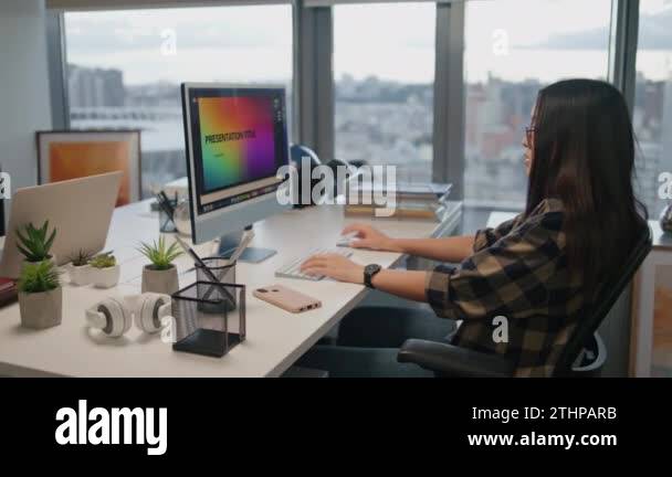 Pensive woman creating presentation at office closeup. Thoughtful ...