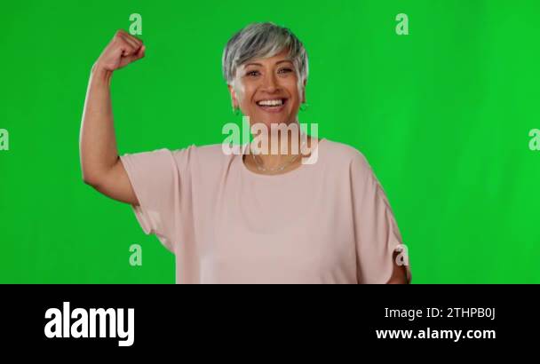 Happy, muscle and face of a woman on a green screen isolated on a ...