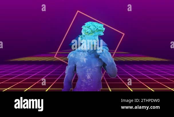 Animation of antique sculpture bust with glitch moving over grid on ...