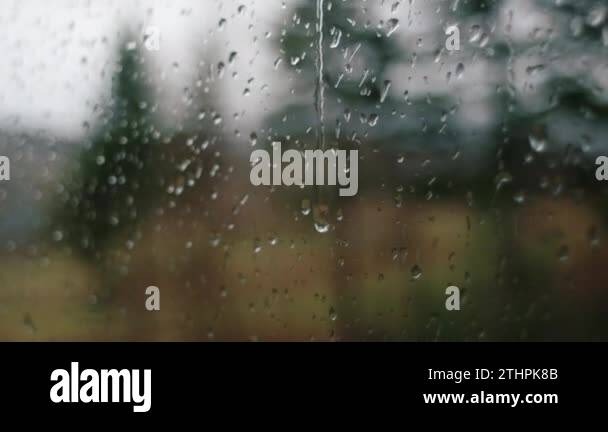 Rain drops on window glasses surface with spring forest background ...