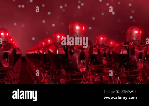 3d animation loop of futuristic army of robots with glowing neon ed eyes standing under dark ...