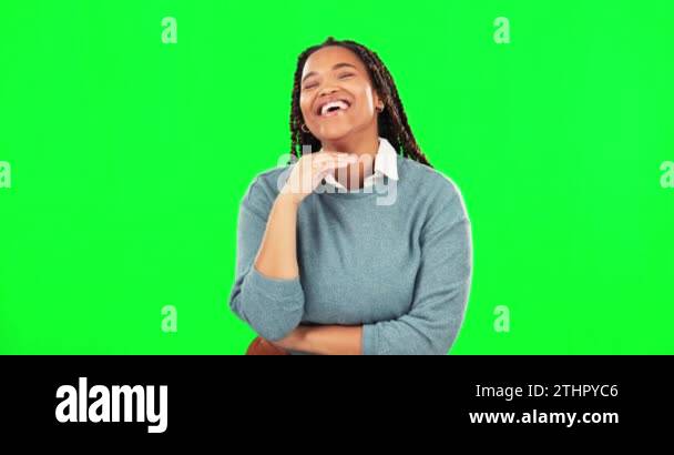 Laughing, green screen and portrait of funny woman laugh at comedy ...