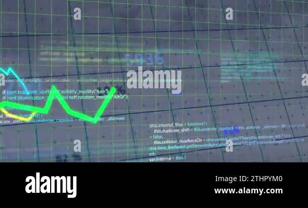 Animation of graphs over computer language against changing numbers and dots on white background ...