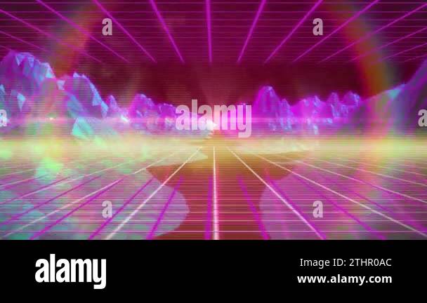 Animation of pink grid network and rainbow lens flare over metaverse ...