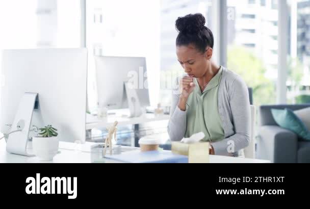 Sick business woman looking unwell, coughing and having trouble ...