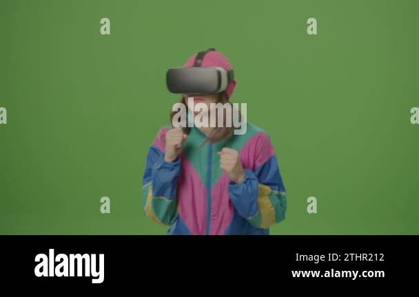 Green Screen. Girl of 80-90s Style Wearing Virtual Reality Headset ...