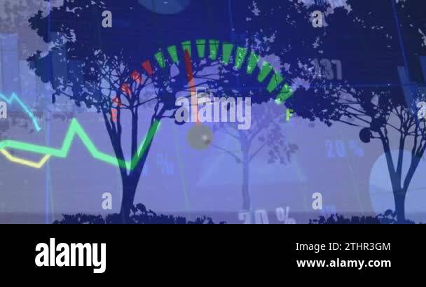 Animation of speedometer over multiple graphs and changing numbers against trees. Digital ...