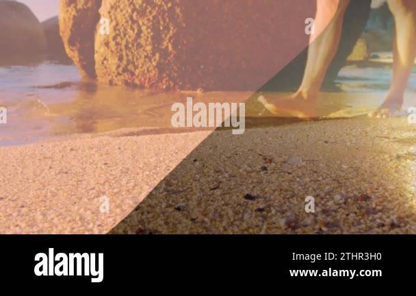 Animation of shapes over legs walking at beach. Holidays and digital ...