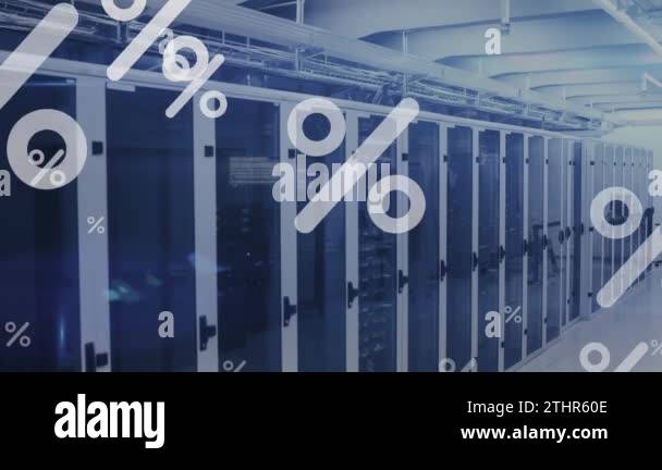 Animation of percentile symbols and computer language over server room in background. Digital ...