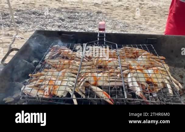 Side view fresh crabs cooked on bbq grill using coil with beach ...