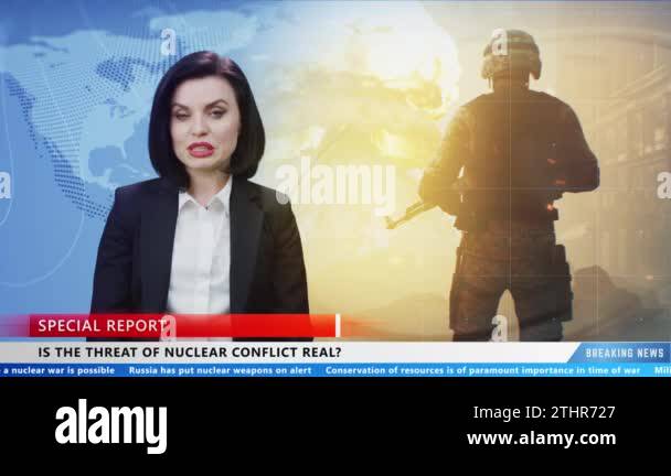 Female TV presenter reporting from television studio on live news ...