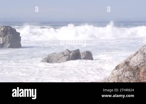 Big huge pacific ocean waves crashing on sandy beach, power of nature ...