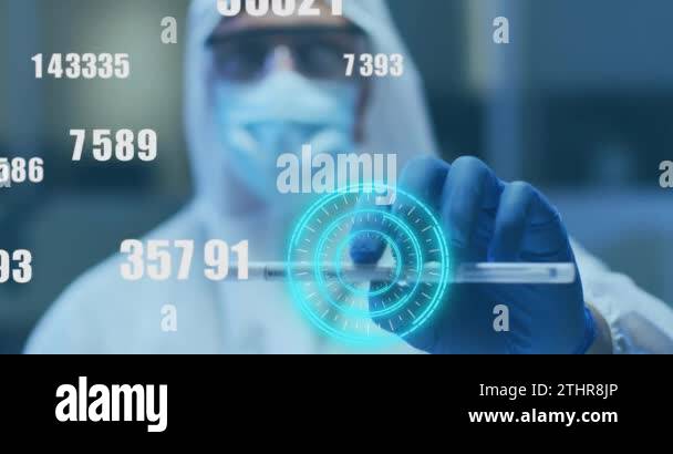 Animation of growing numbers and scope scanning over caucasian doctor holding vaccine. global ...