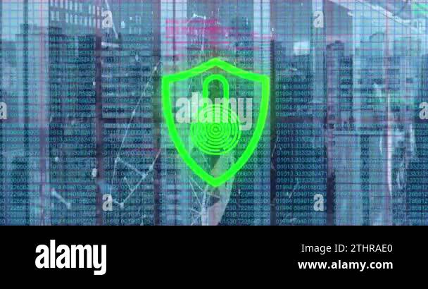 Animation of neon security icon with network connecting dots, coding ...