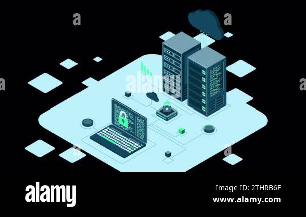Cyber data security. Internet security isometric concept. Server room connected with laptop ...