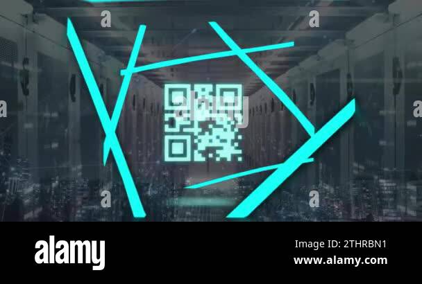 Animation of blue neon lines with qr code, data processing against server room. Digital ...