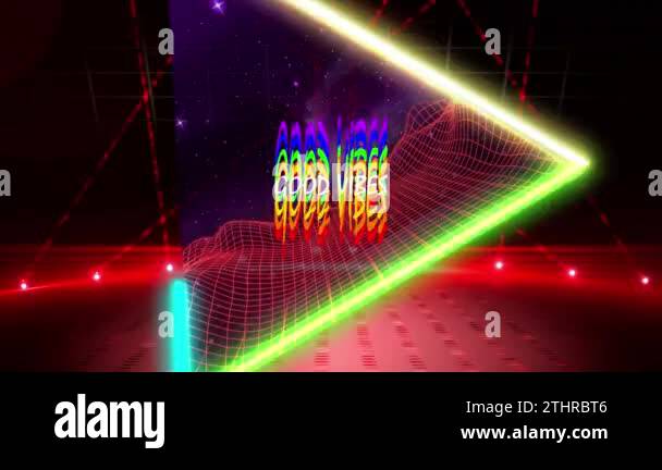 Animation of good vibes text with shapes over digital mountains and ...