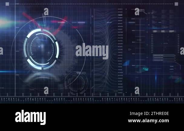 Animation of scope scanning and data processing with red line on screen. Global data processing ...